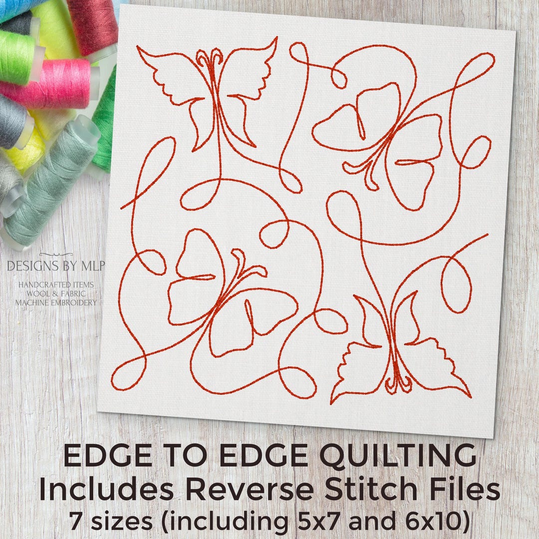 Butterflies E2E Quilt Block, Machine Embroidery Quilting Design, Continuous Line Single Run ...