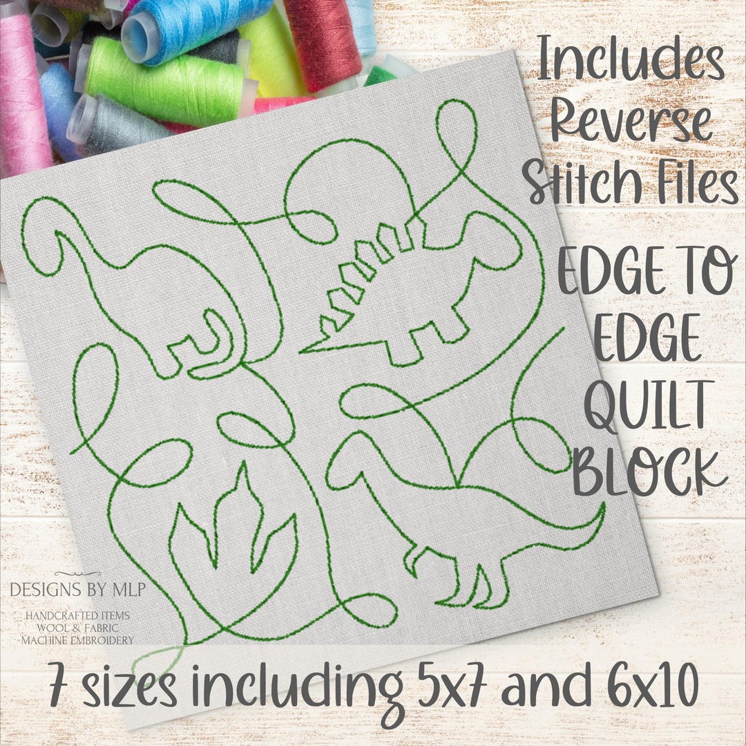 Dinosaurs E2E Quilt Block Machine Embroidery Design, Continuous Line Single Run Quilting, Edge ...