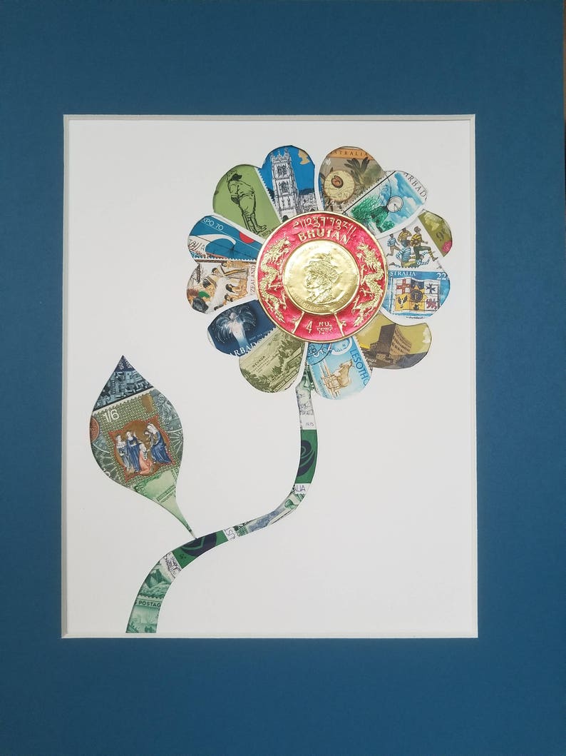 Postage Stamp Collage Tall Flower blue - Etsy