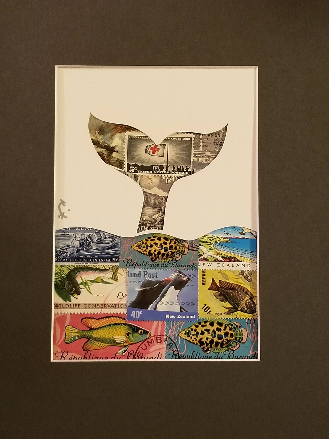 FRAMED - Postage Stamp Collage - Whale Tail (gray) With Fish Stamps as ...