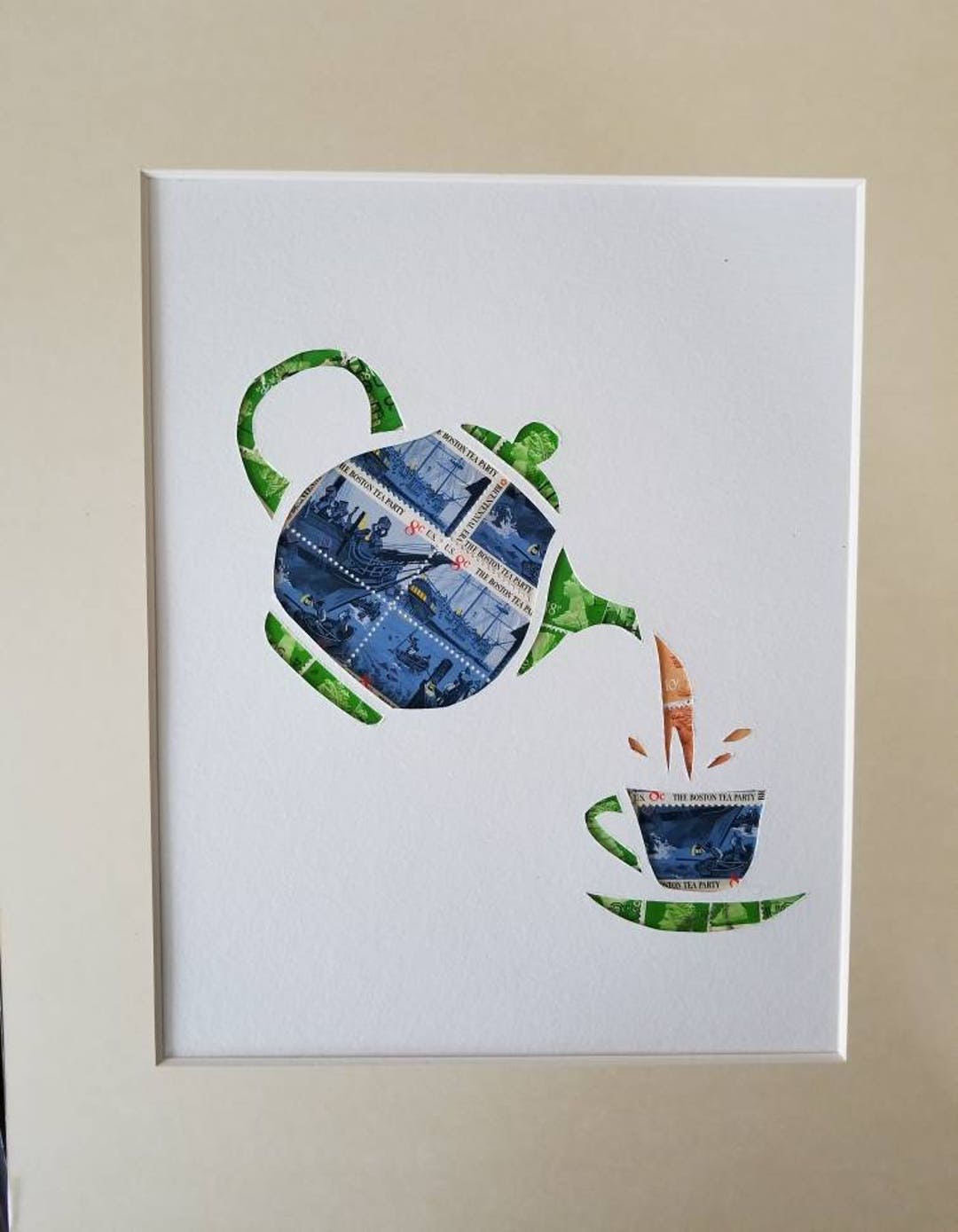 FRAMED - Postage Stamp Collage - Boston Tea Party (green) in an 11x14 ...