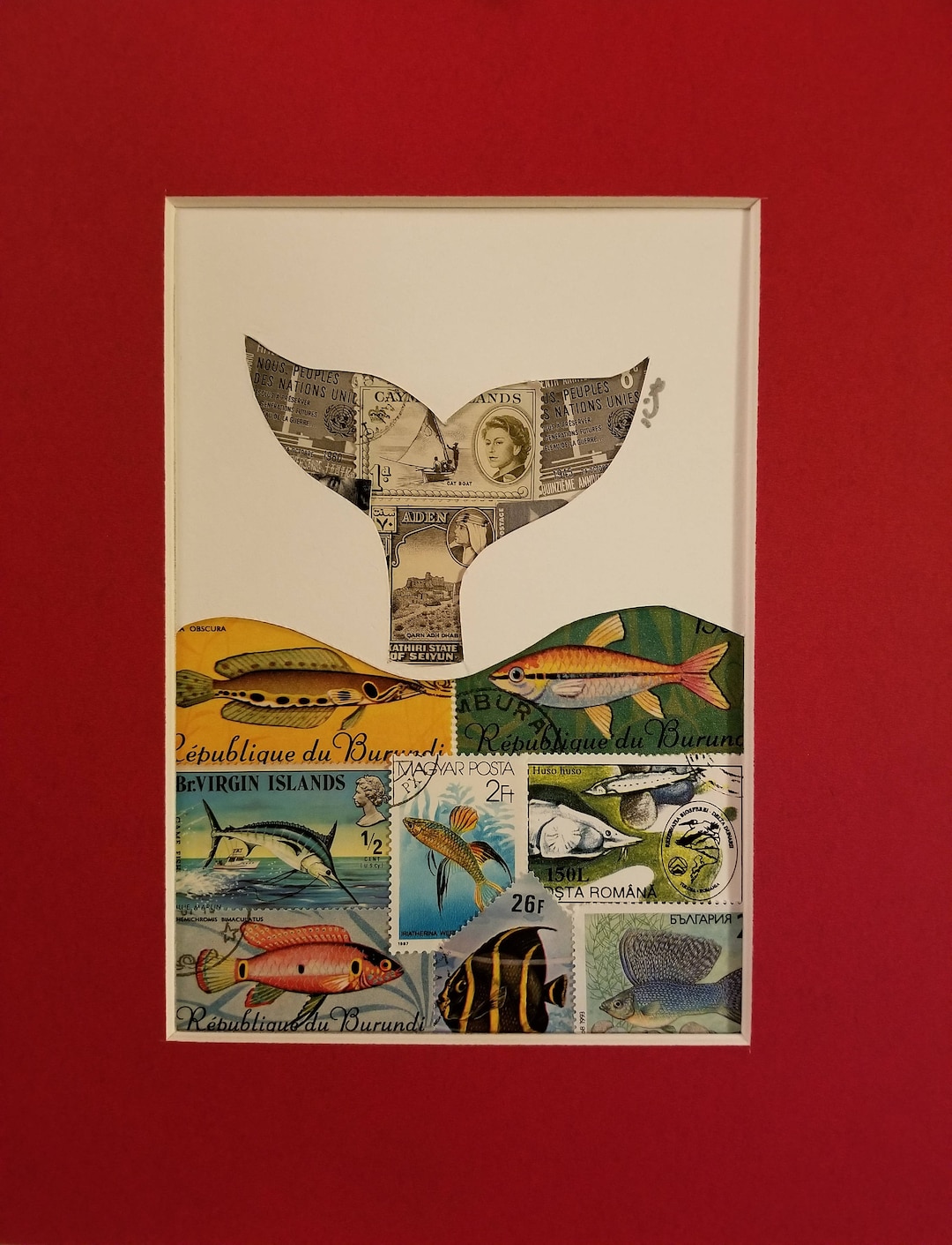 FRAMED - Postage Stamp Collage - Whale Tail (red) With Fish Stamps as ...