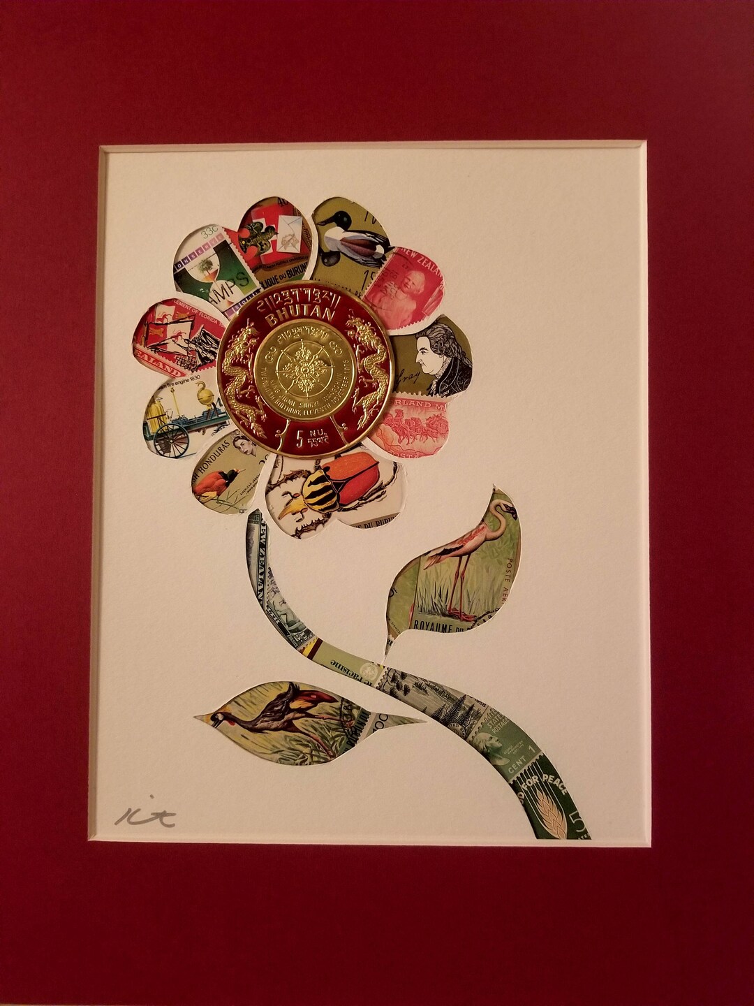 FRAMED - Postage Stamp Collage - Large Flower (red) - Etsy