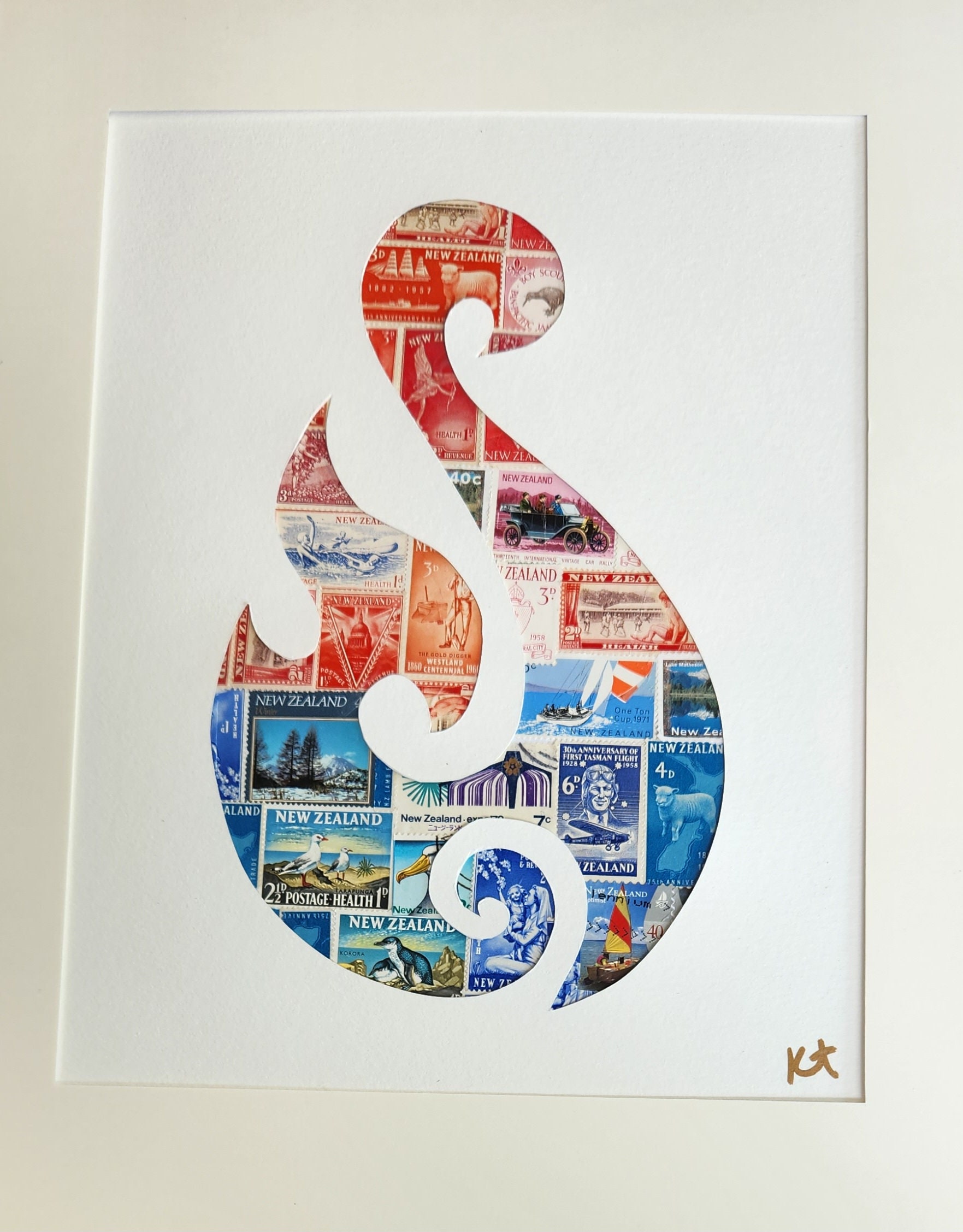 FRAMED - New Zealand Fish Hook Postage Stamp Collage (red/blue ...