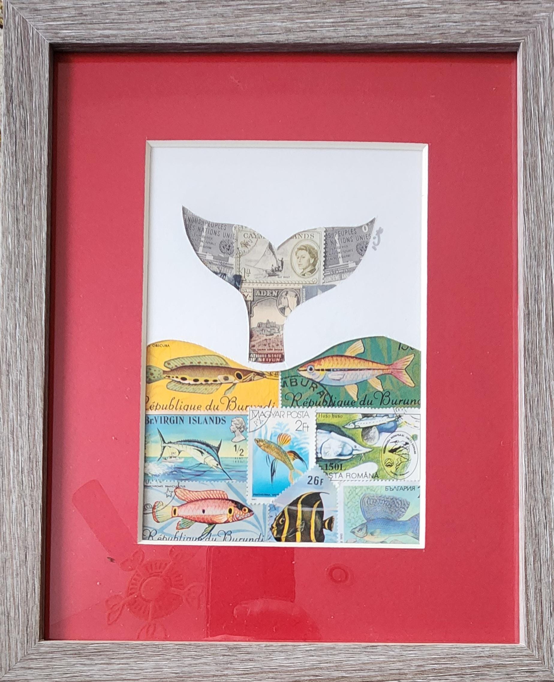 FRAMED - Postage Stamp Collage - Whale Tail (red) With Fish Stamps as ...