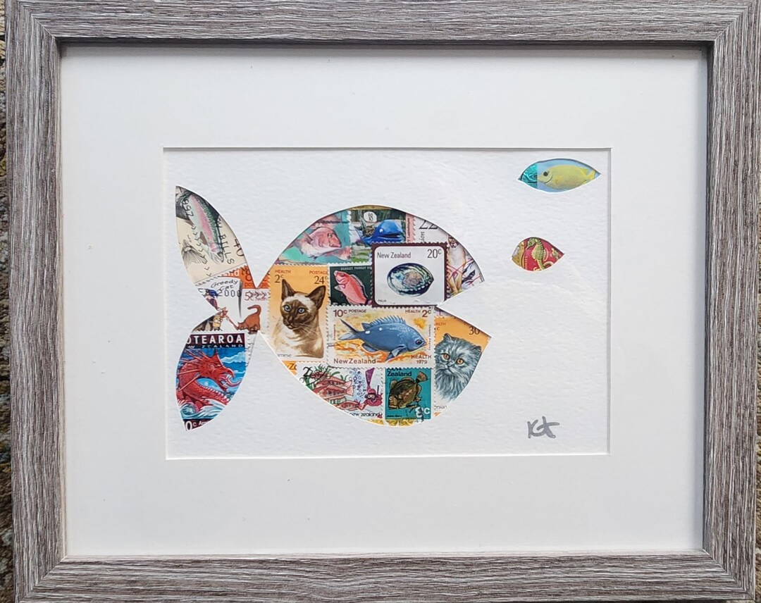 FRAMED - Postage Stamp Collage - 'NZ Bubble Fish' in an 8x10" Frame - Etsy