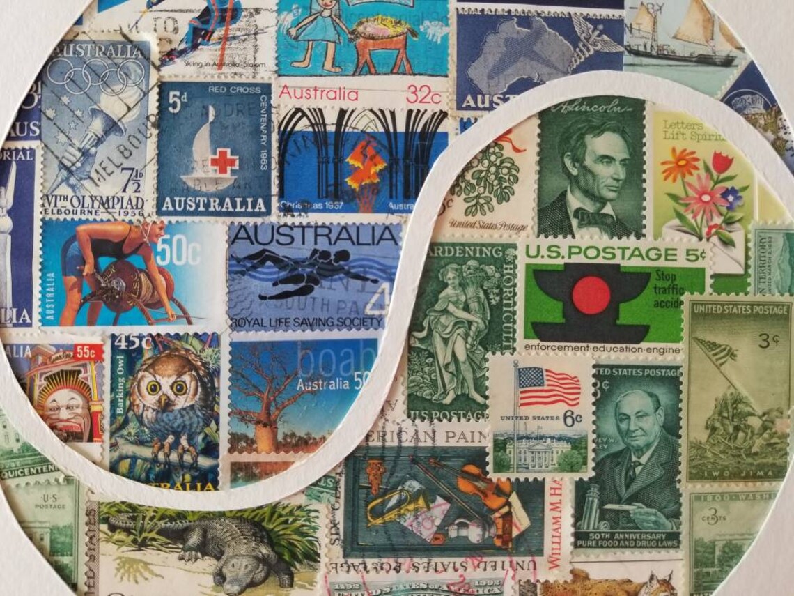 FRAMED - Postage Stamp Collage - Yin Yang US / Australia Using ...