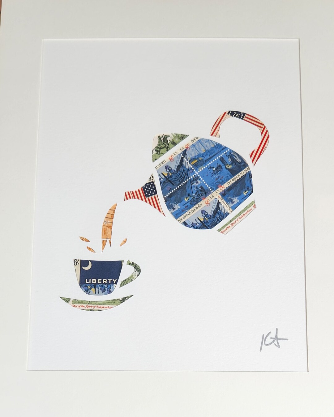 Postage Stamp Collage 'A Cup of Libertea' MINT Antique Boston Tea Party ...