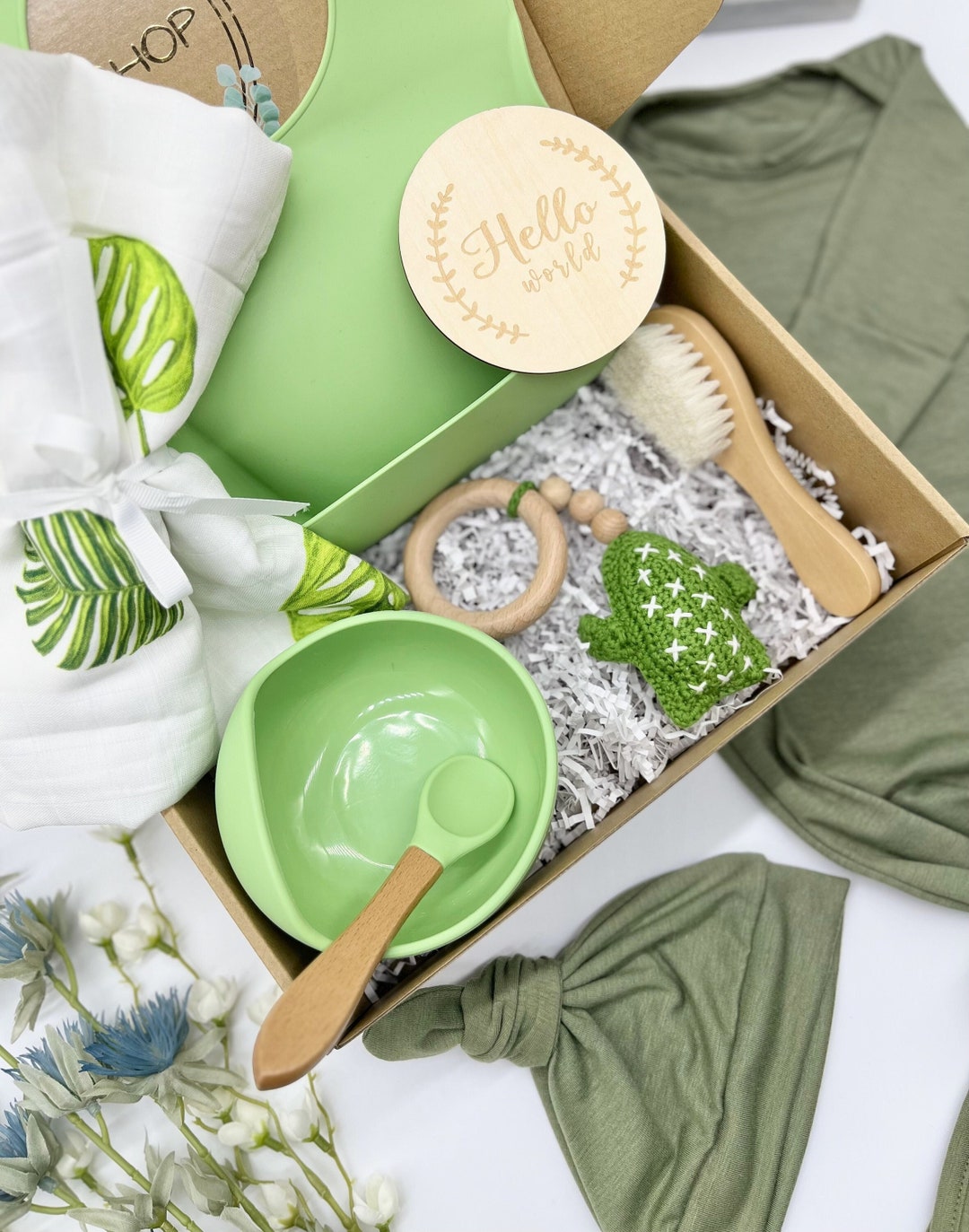Green Cactus Baby Gift Box 9 Piece Gift Set Newborn Gift Basket Gender ...