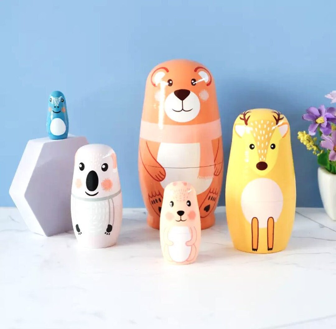 5-piece Cartoon Wooden Animal Nesting Doll Bear - Etsy