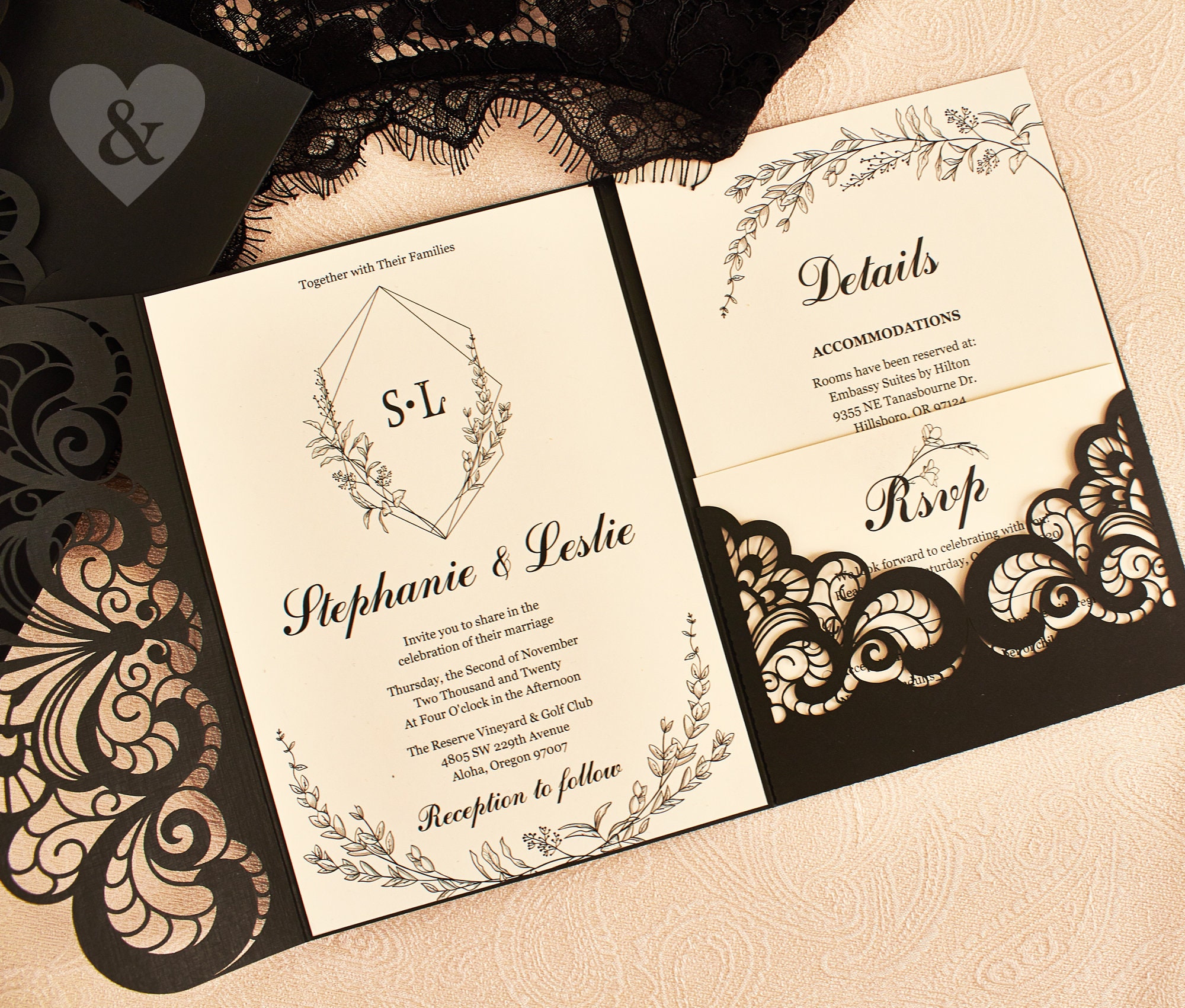 Black Lace Wedding Invitations, Matte Black Invites, Black Wedding ...