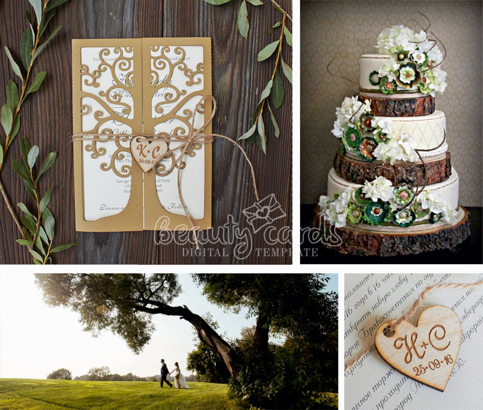 Tree Rustic Wedding Invitation DIY With Heart Eco Gatefold - Etsy