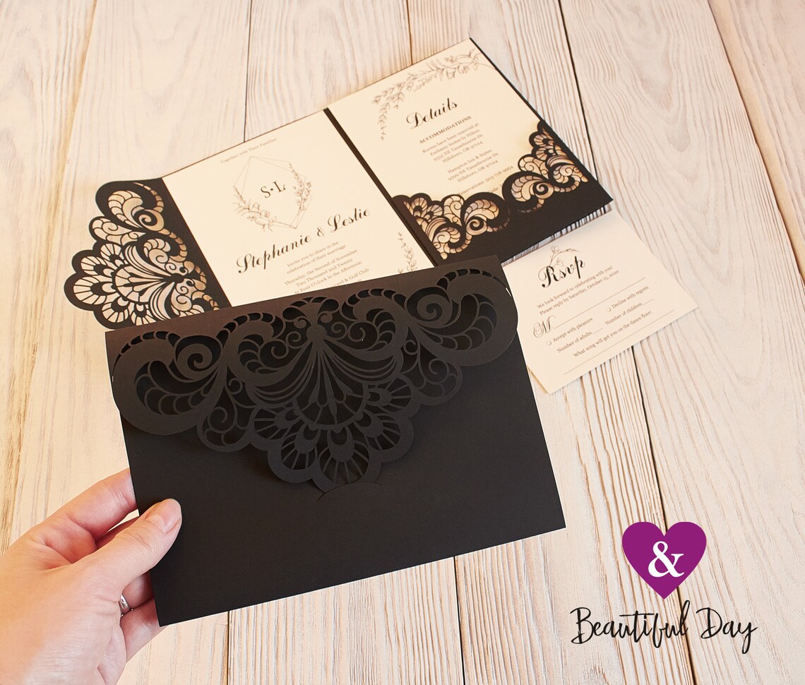 Black Lace Wedding Invitations, Matte Black Invites, Black Wedding ...