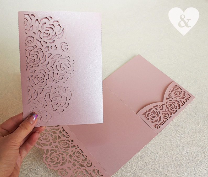 Pink Rose Laser Cut Wedding Invitation Pocket, Shimmer Trifold Cricut ...