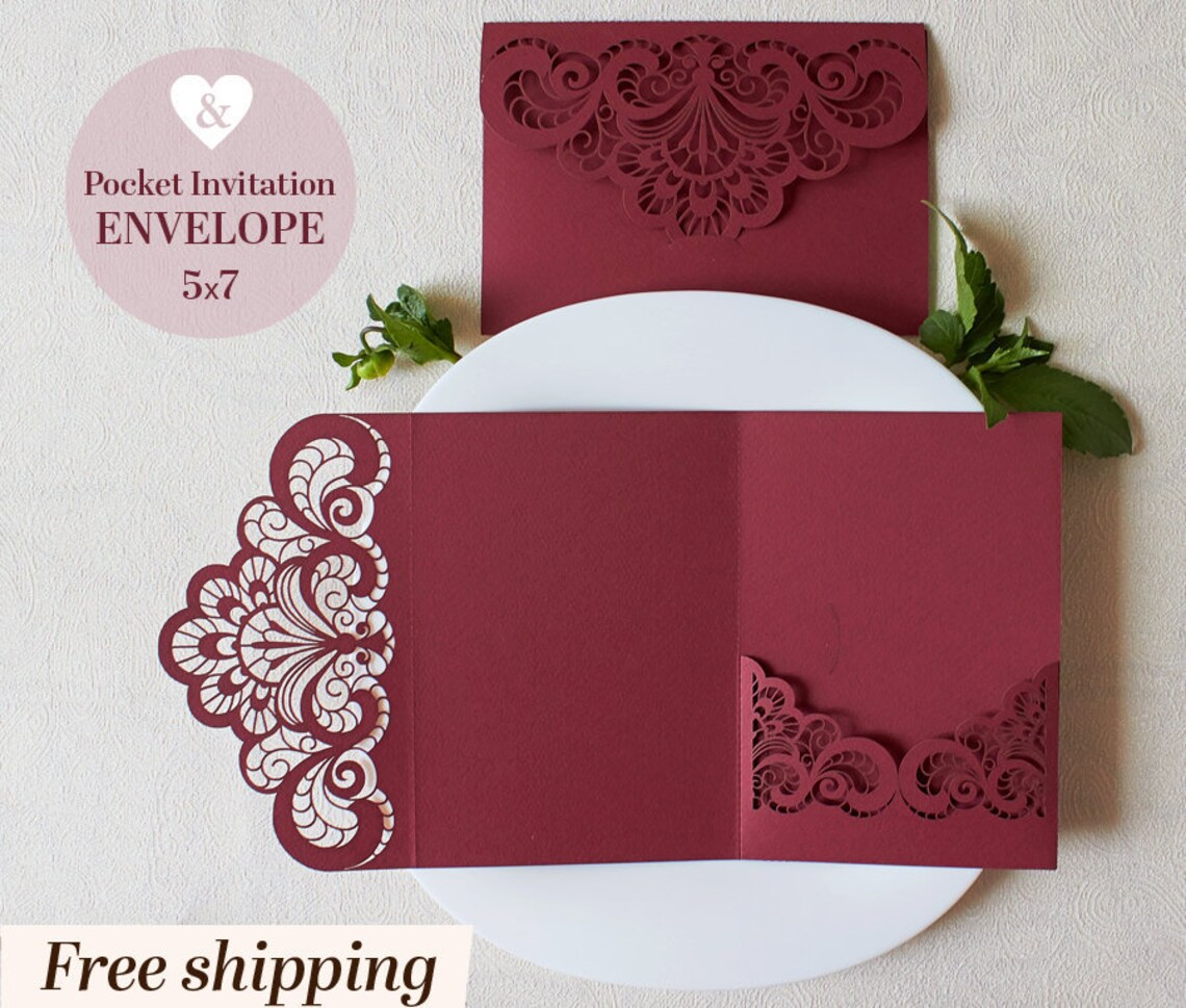 Laser Cut Pocket Wedding Invitation, Burgundy Marsala Trifold Envelope ...