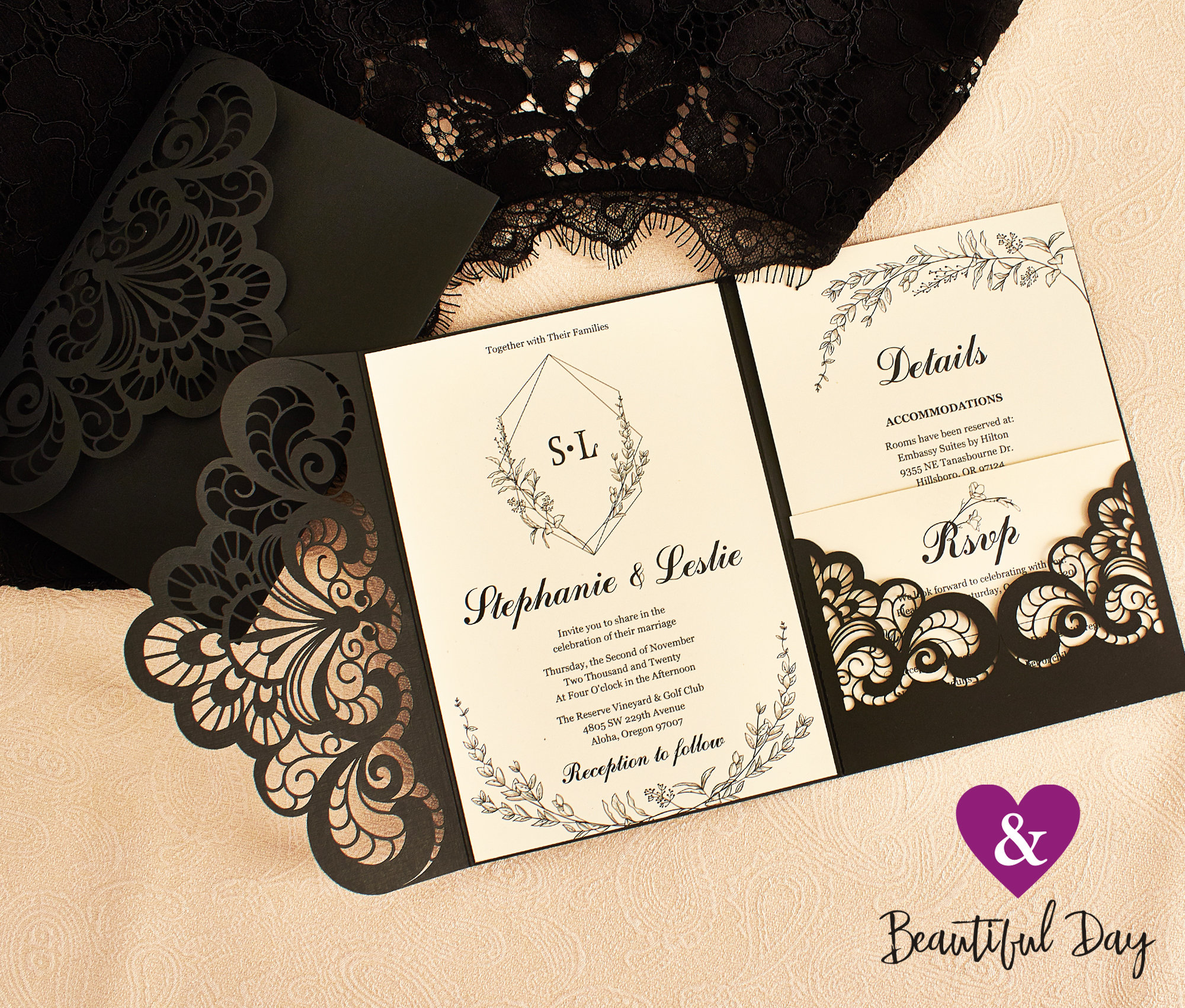 Black Lace Wedding Invitations, Matte Black Invites, Black Wedding ...