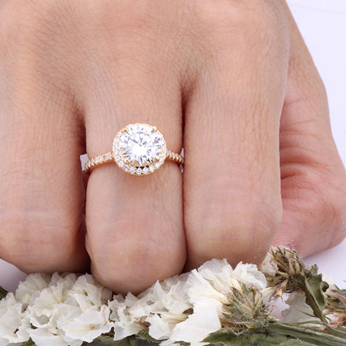 Yellow Gold Round Cubic Zirconia Ring / Round Halo Ring Half - Etsy