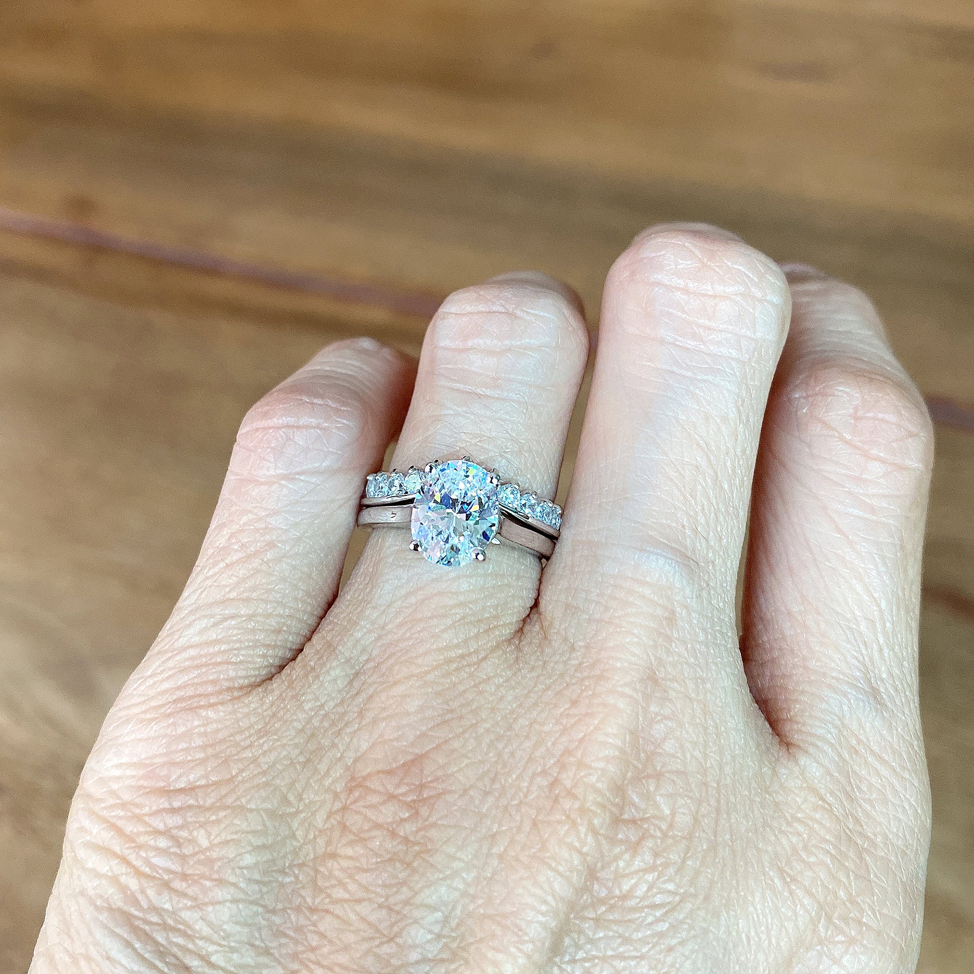 2 carats Oval Solitaire Silver Ring Set / Curved Band Half | Etsy