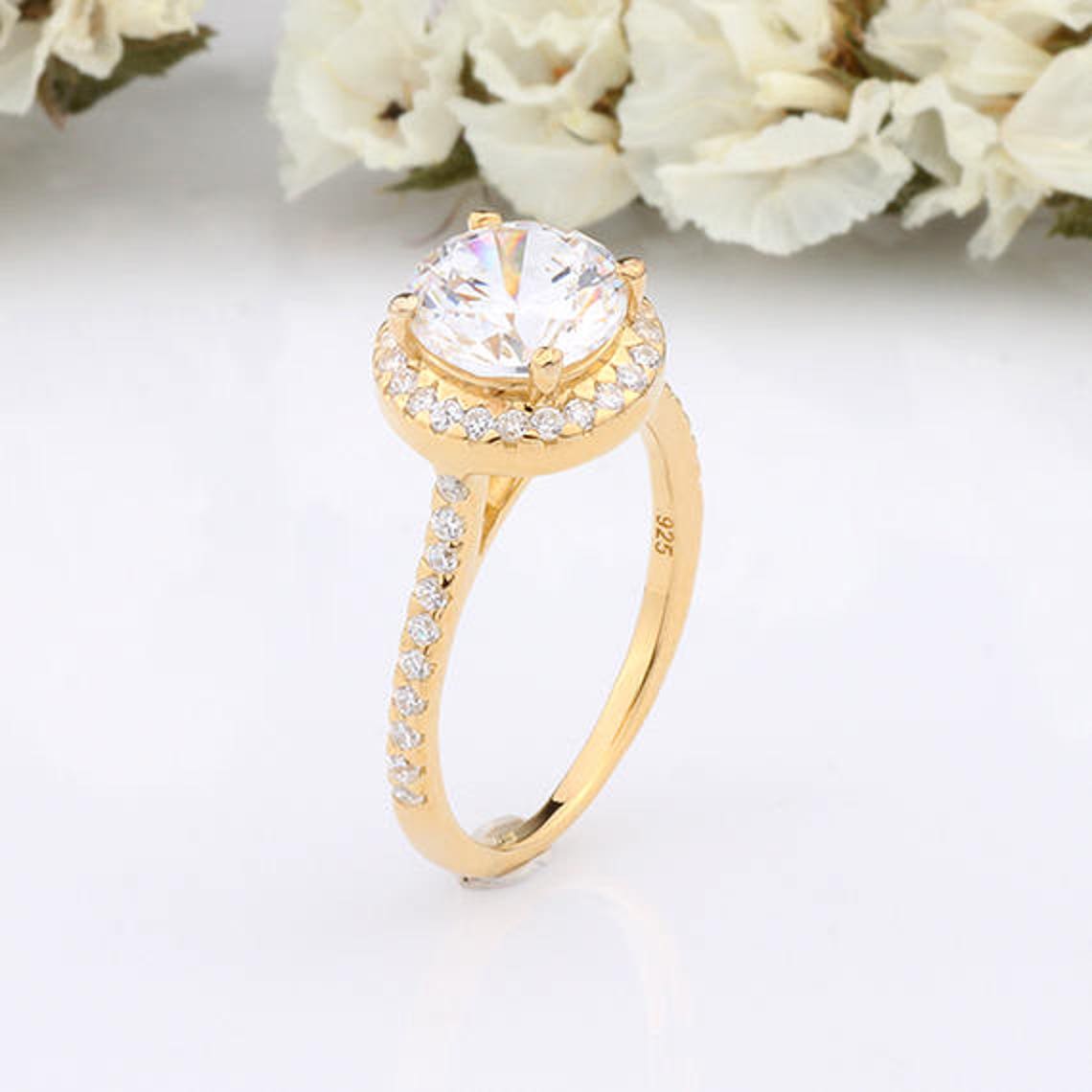 Yellow Gold Round Cubic Zirconia Ring / Round Halo Ring Half - Etsy