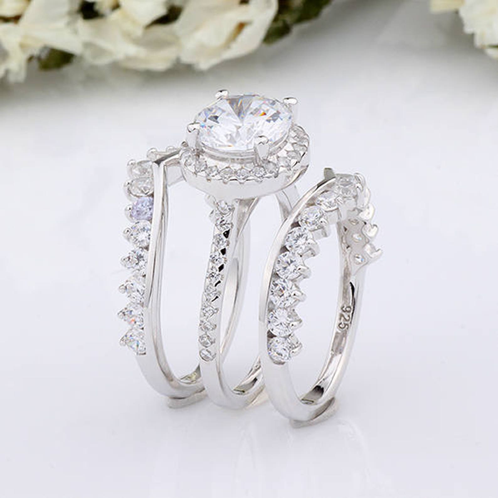 Round CZ 3-pieces Halo Ring Set / Round Halo Wedding Matching - Etsy