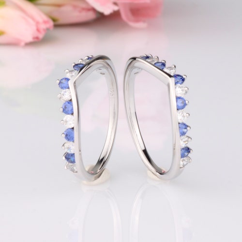 Round White CZ & Blue Sapphire CZ Half Eternity Wedding - Etsy