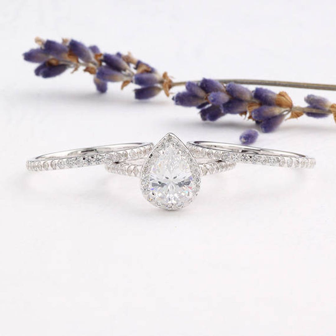 Pear Shaped 3-rings Set / Pear Halo Women Rings Set / Half Eternity ...