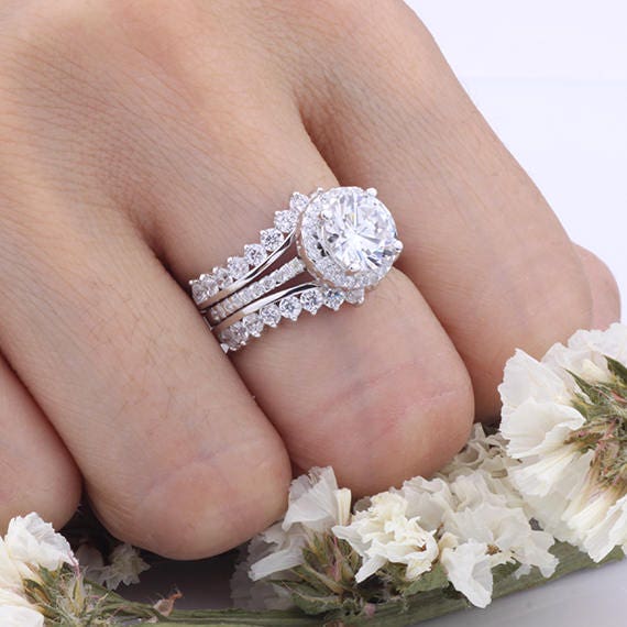 Round CZ 3-pieces Halo Ring Set / Round Halo Wedding Matching - Etsy