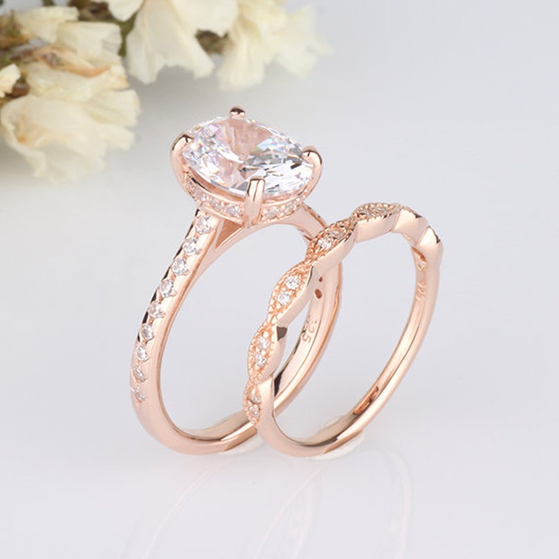 2 Carat Oval CZ Rose Gold Wedding Anniversary Rings Set / Wavy - Etsy