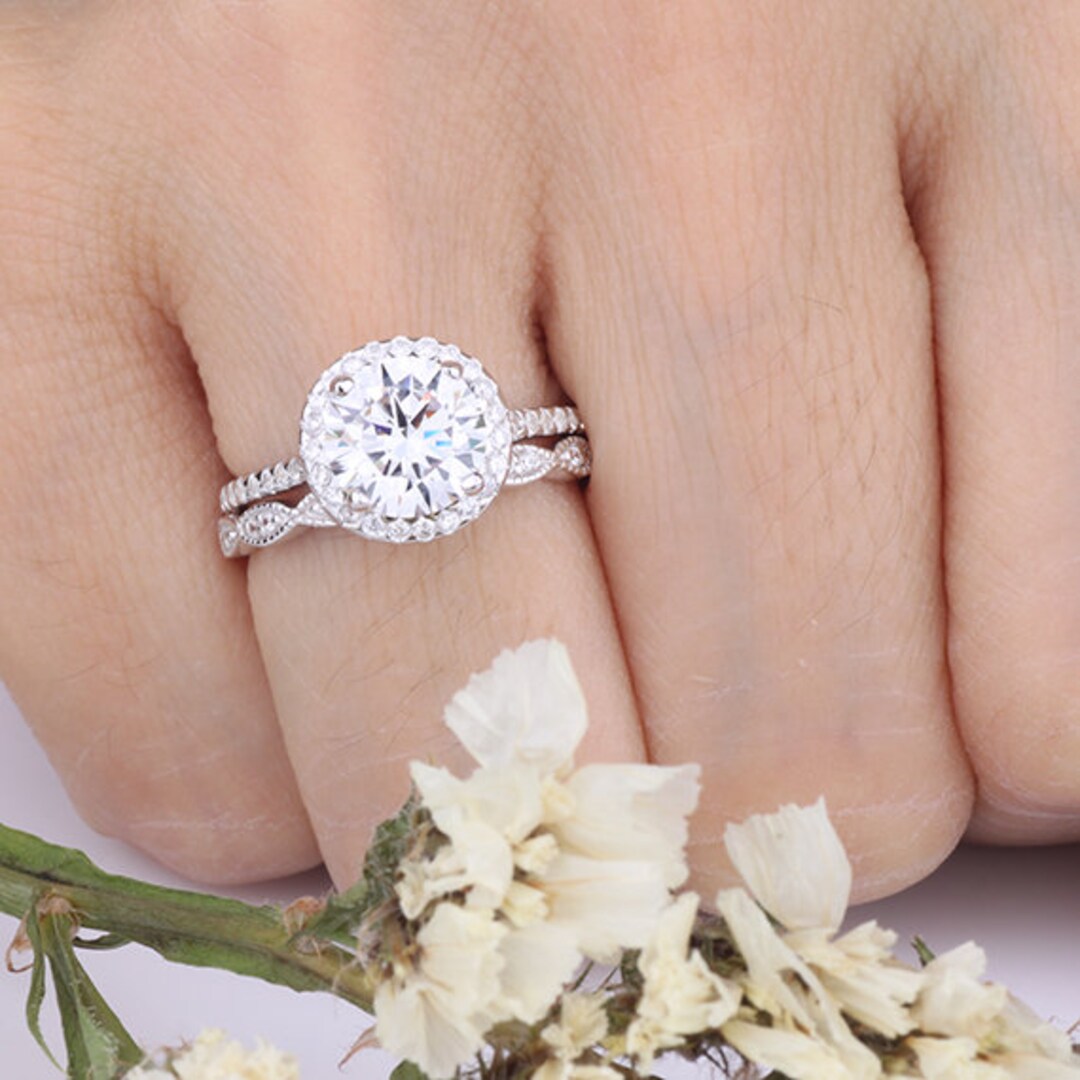 Round Shaped CZ Sterling Silver Rings Set / Round Halo Rings Set / Half ...