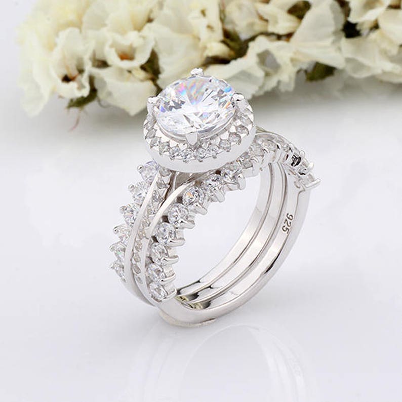Round CZ 3-pieces Halo Ring Set / Round Halo Wedding Matching - Etsy