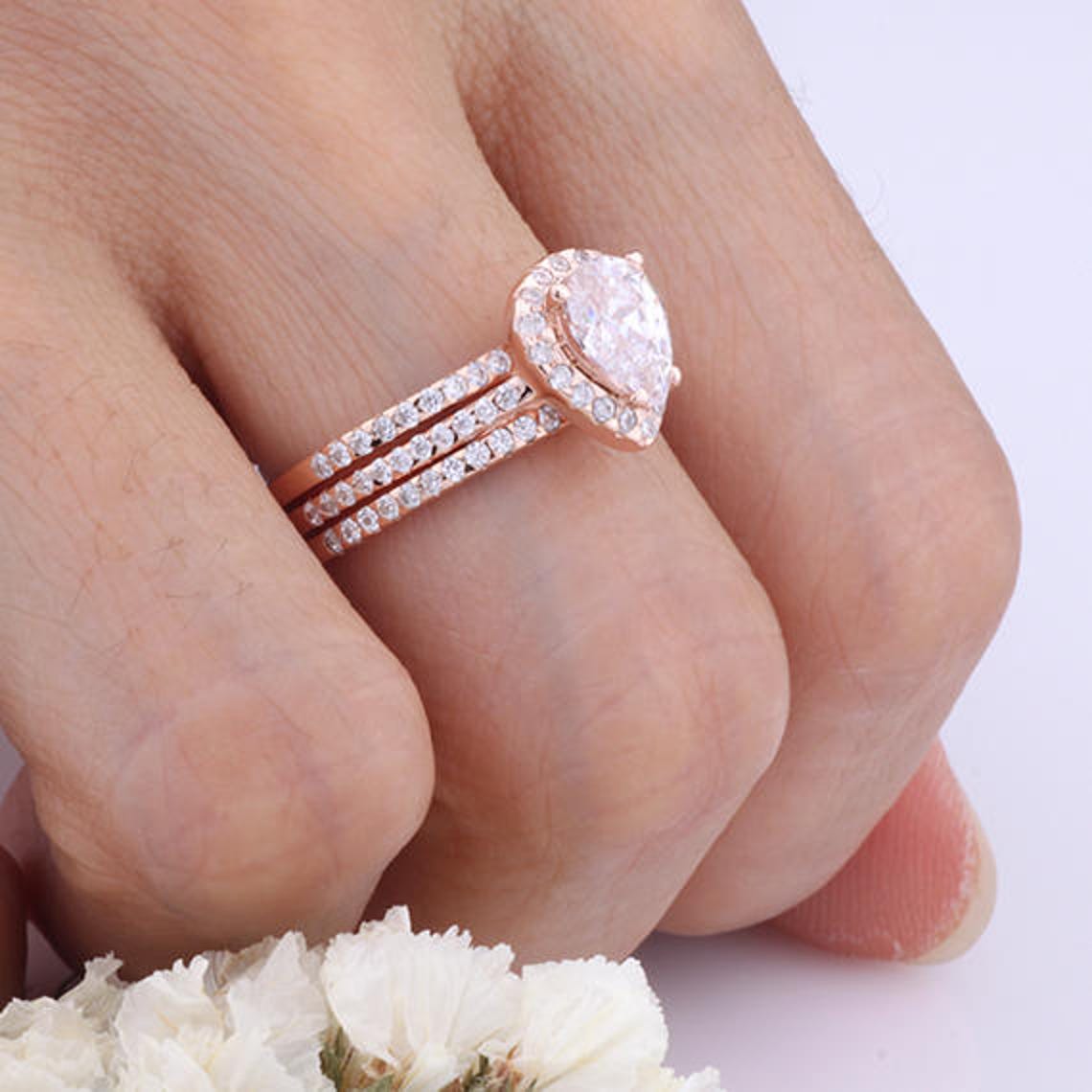 Rose Gold Pear Shaped 3 Pieces Rings Set Pear Halo Women Etsy