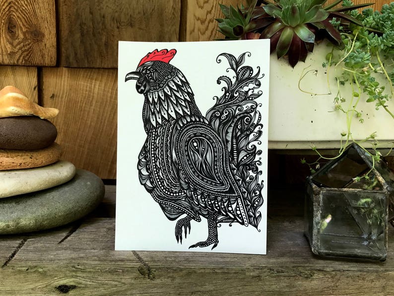 Rooster Print, Zentangle, Rooster Drawing, Art Prints, Black and White ...