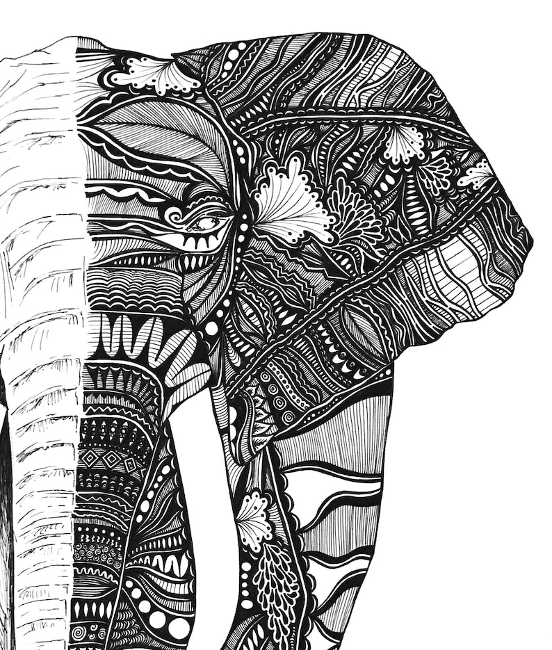 Elephant Print, Zentangle, Elephant Drawing, Art Prints, Black and ...