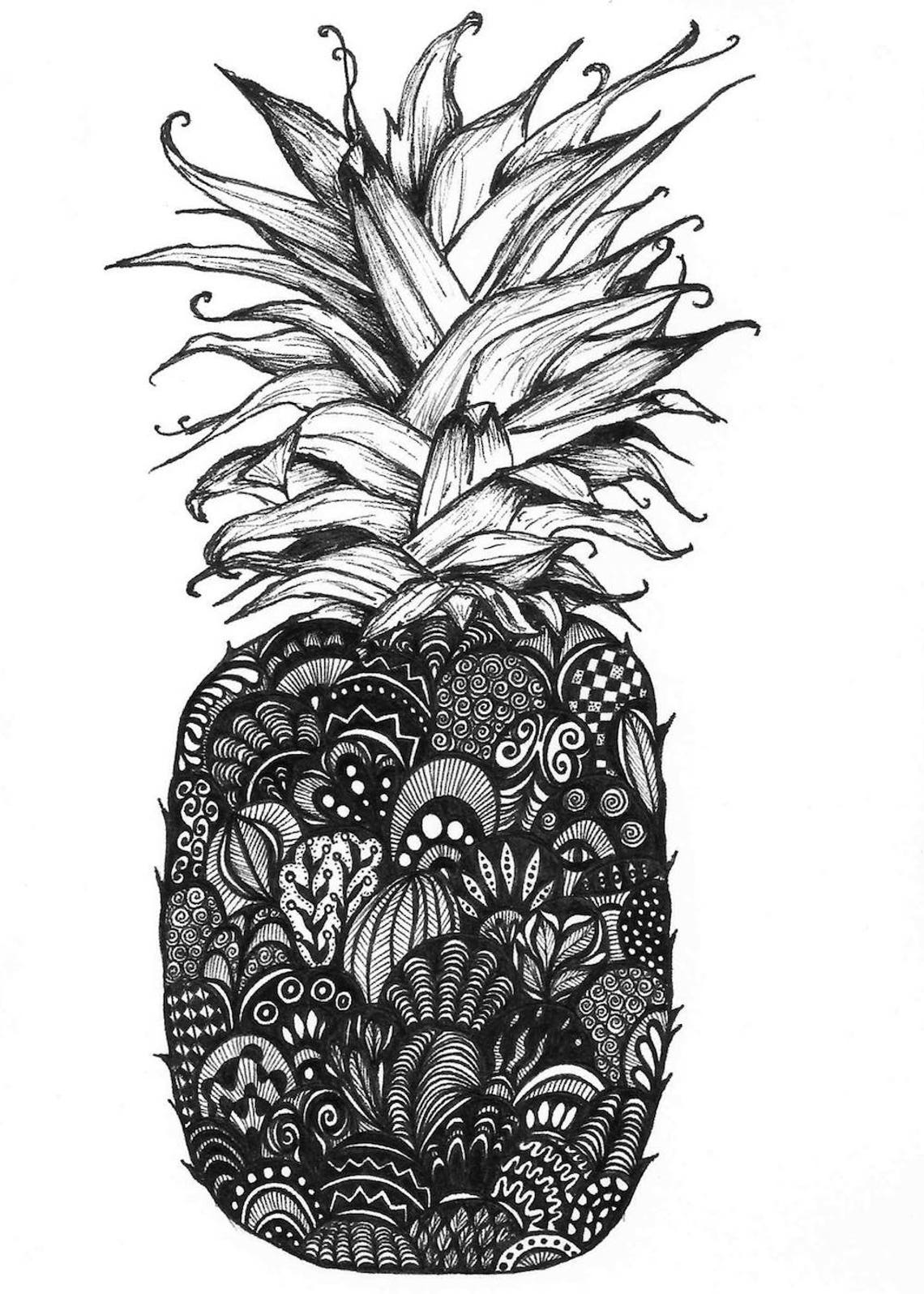 Pineapple Print, Zentangle, Pineapple Drawing, Art Prints, Black and ...