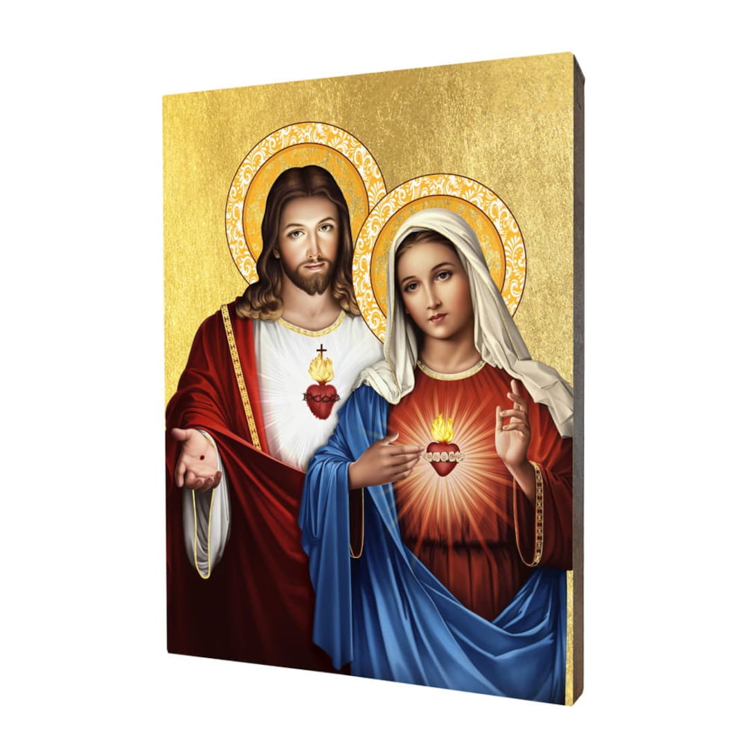 Sacred Heart of Jesus and Immaculate Mary Icon: Gold Leaf Gilded Wood ...