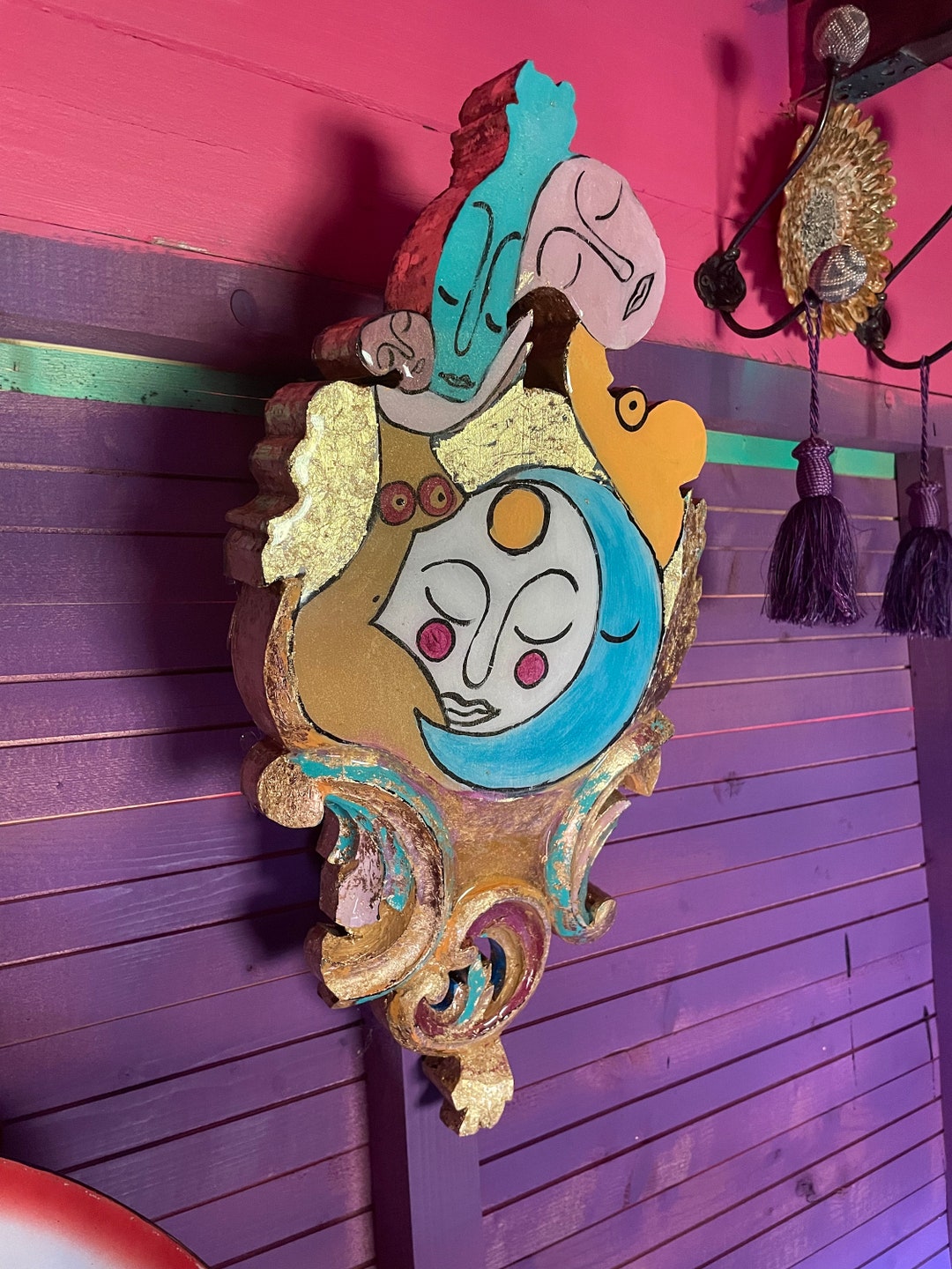 Wooden Carved Bohemian Gypsy Style Hand Painted Decor, Original ...