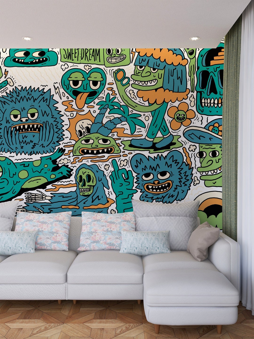 Monsters and Skull Peel and Stick Wall Paper, Abstract Doodle ...
