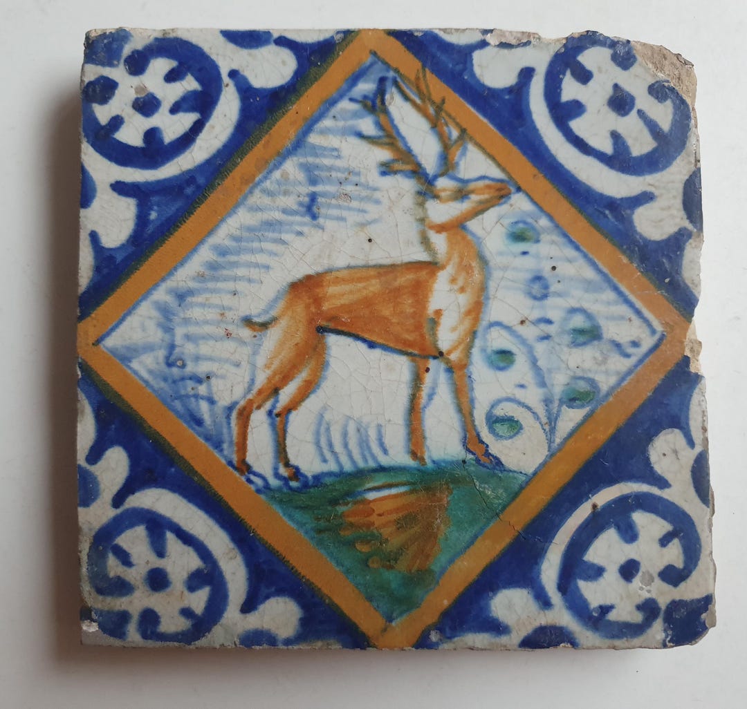 Dutch Tile With Majestic Stag, Polychrome, Early 17th Thick Tile ...