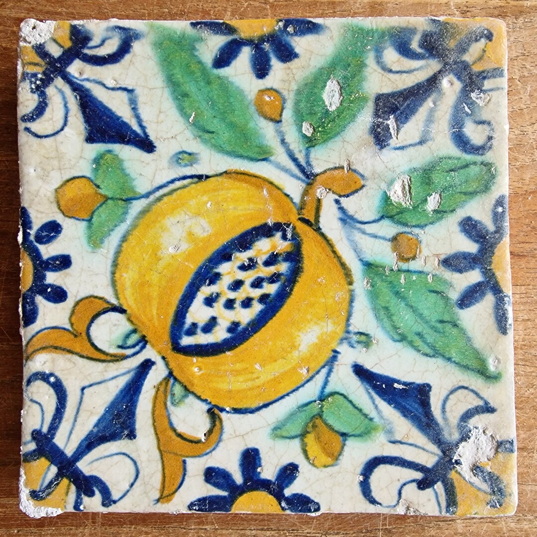 Dutch Pomegranate Antique Tile 17th Century - Polychroom - Vroege Dikke ...