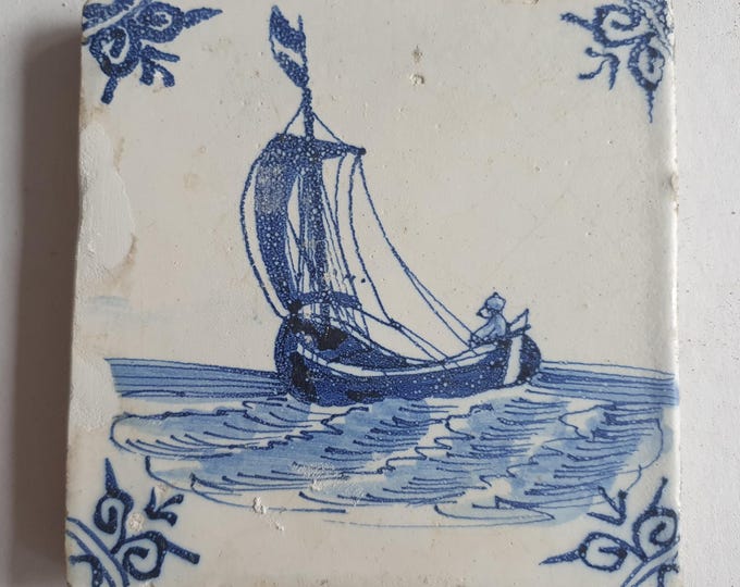 Dutch Delft Tile Boat Ship - Hollands Schip, Ossenkop Hoekmotief ...