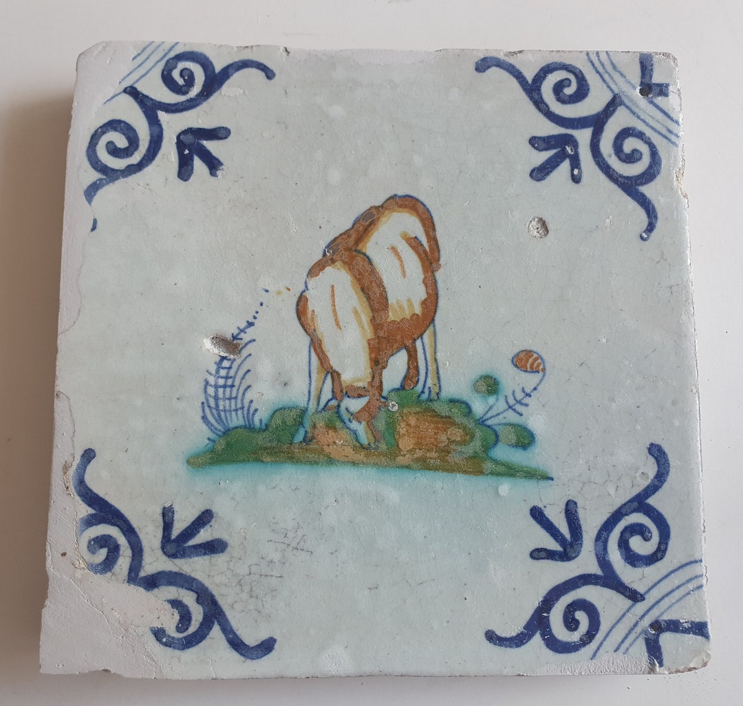 Antique Dutch Delft Tile – Sheep Motif, Polychrome Oxhead Corner, 17th ...