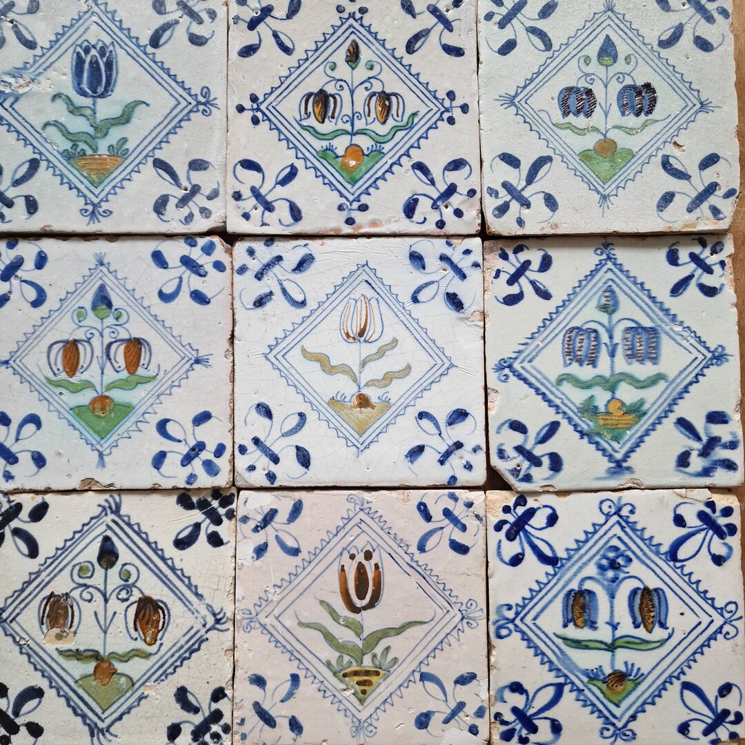 9 Dutch Tulip 17th Antique Delft Build in Tiles Tilefield Field 13x13 ...