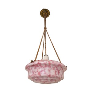 Art Deco Trapeze Schaal Lamp Hanglamp in Bewerkt Glas Met Roze Kleurige ...