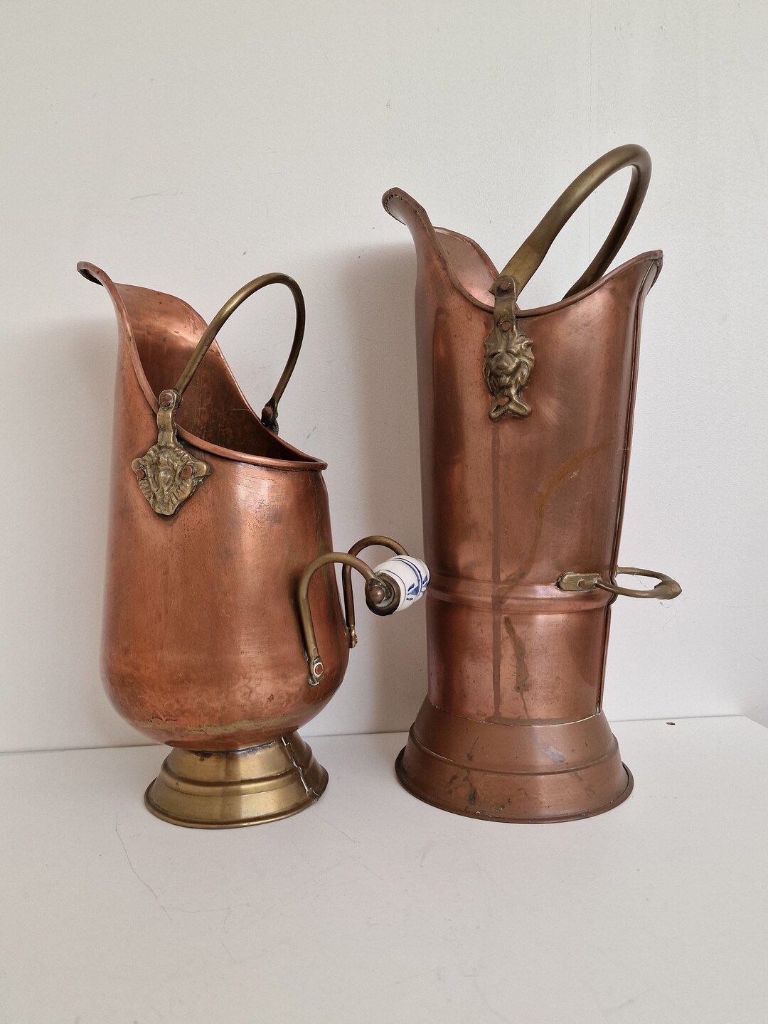 Delft Antiques, 2 Antique Copper Coal Kits, Holland With Delft Blue ...