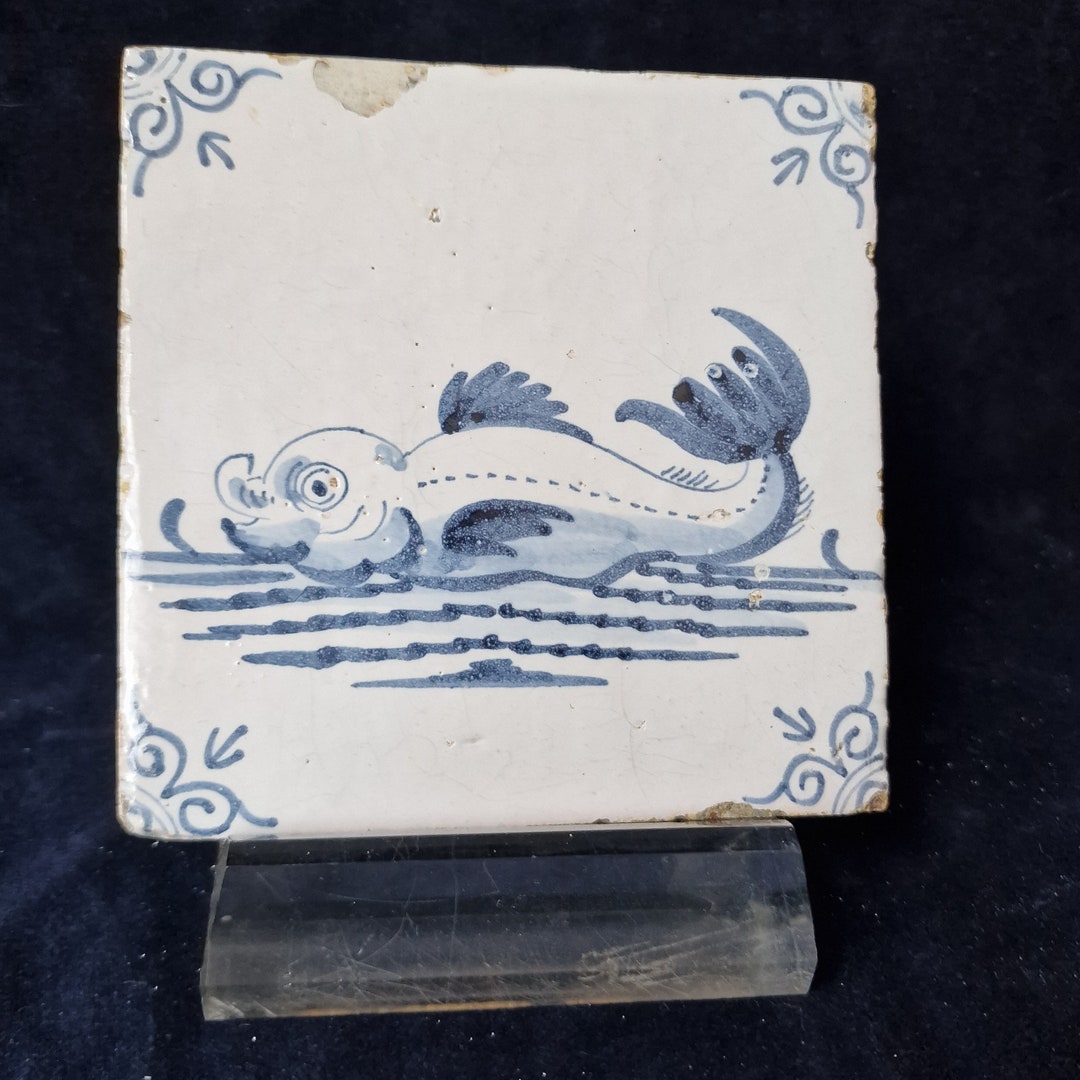 Fish Dutch Delft Blue Tile Nederlandse Tegel - Op Zee Grond, 17e Eeuw ...