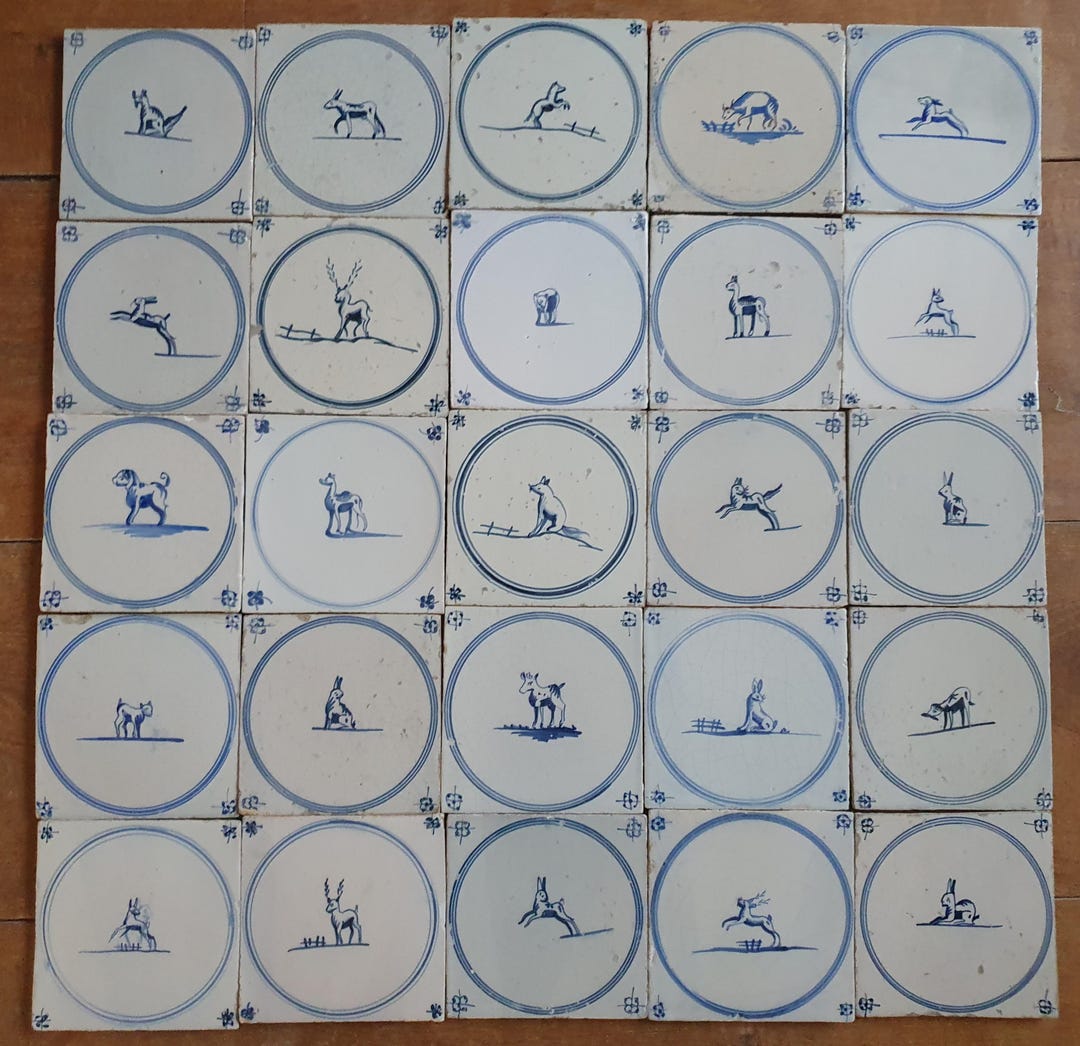 25 X Field of Antique Dutch Tiles With Animals 18th Antique Dutch Delft ...