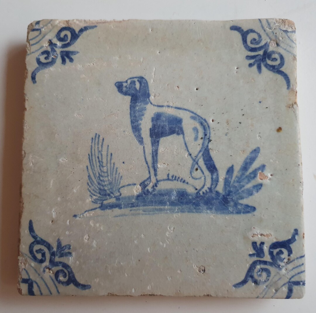 17th Century Antique Dutch Tile Animal Greyhound Oxhead Motive Delft ...