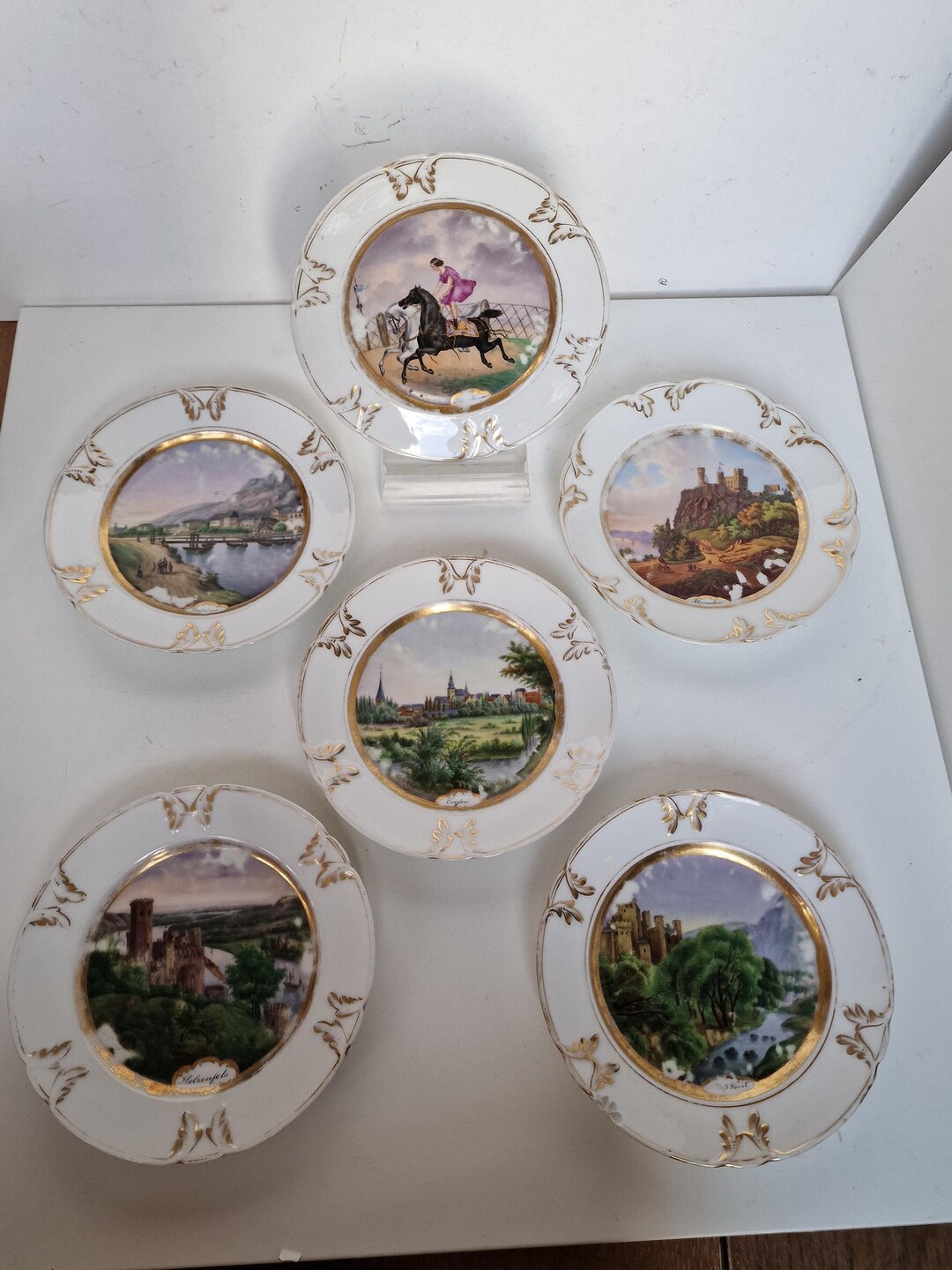 Antique German Porcelain Plates, Rhine Castle Scene, Gilt Decor (set of ...