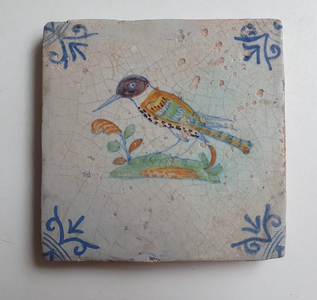 Antique Dutch Tile - Polychrome Bird Oxhead Corner Motives - Dated ...