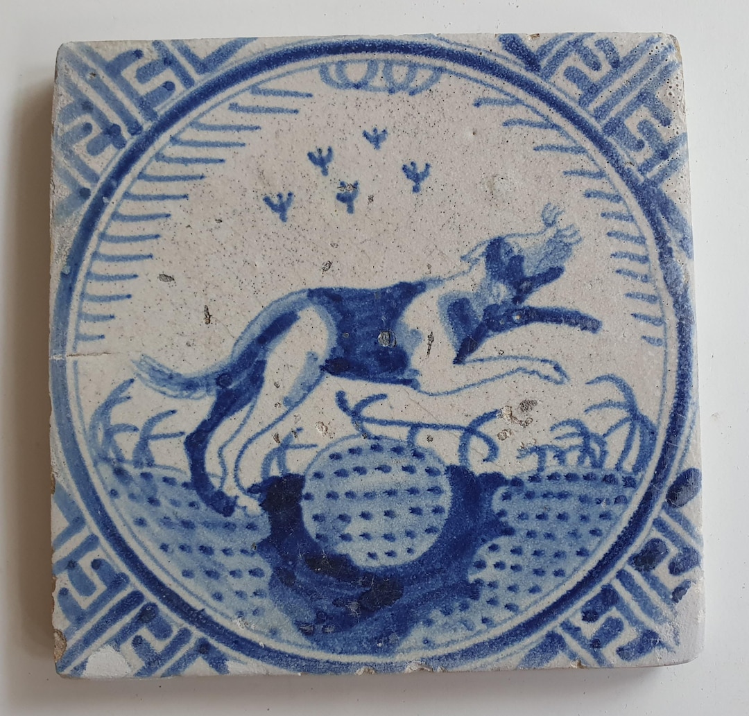 Antique Dutch Tile - Dog Rotterdam Kroontegel, Rotterdamse, Hond ...